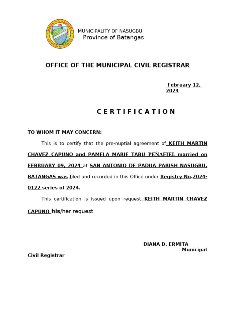 Certification of Pre-Nuptial Agreement | PDF