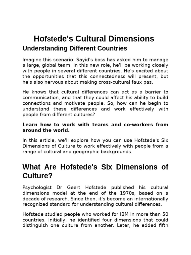 Hofstede's Cultural Dimensions Explained | PDF | Social Psychology ...