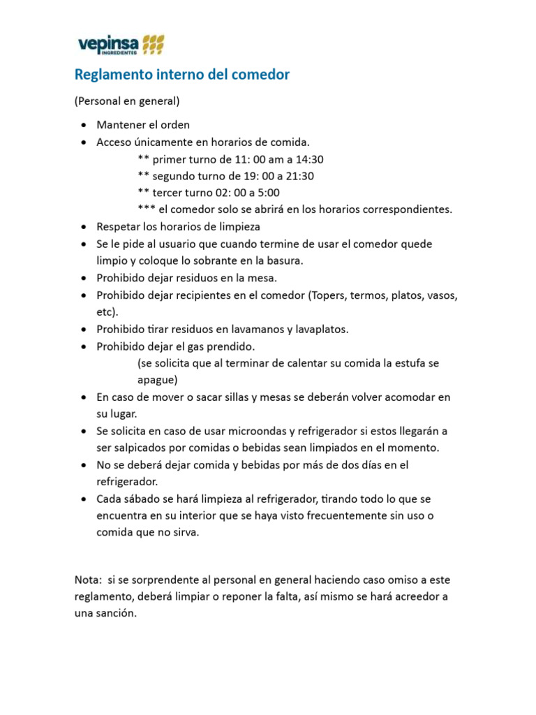 Reglamento Interno Del Comedor | PDF