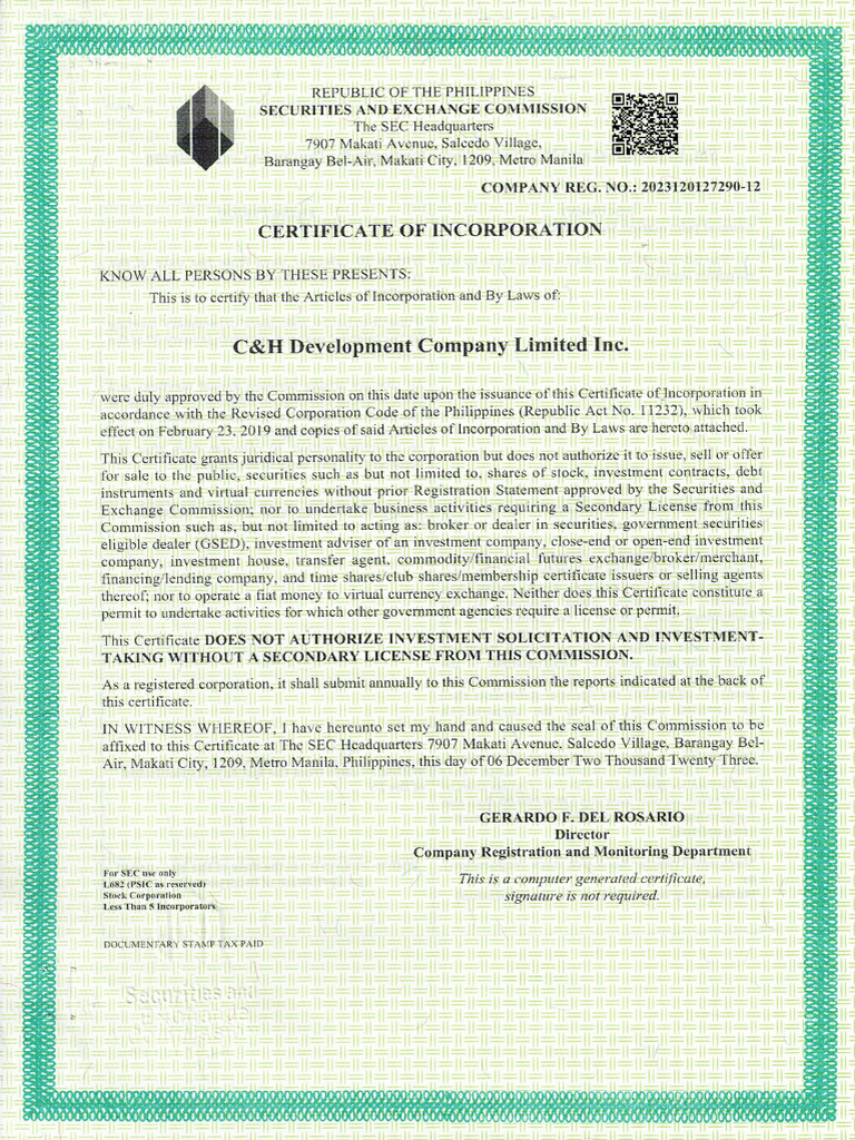 C&H - SEC-Certificate of Incorporation, AOI, ByLaws | PDF
