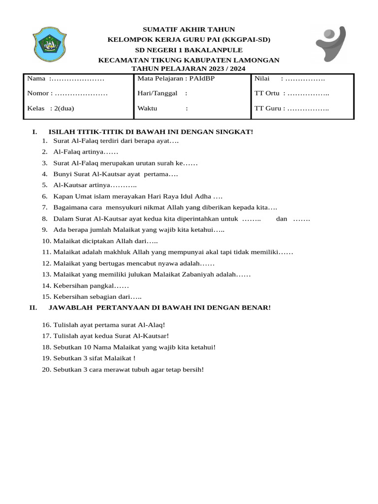 Soal Kls 2 Paidbp | PDF
