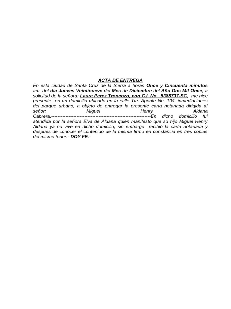 29 Dic 2011 (Miguel Henry Aldan Cabrera) Carta de La H. Alcaldia Mcpal. Recibio Otra Pers | PDF