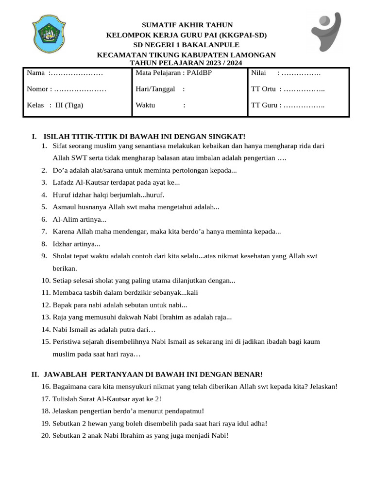 Soal SAS PAI 2024 Kelas III | PDF