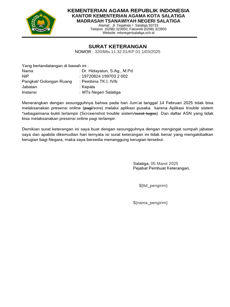 20250305120002320-Surat Keterangan Tidak Bisa Absen Sore - 140225 | PDF
