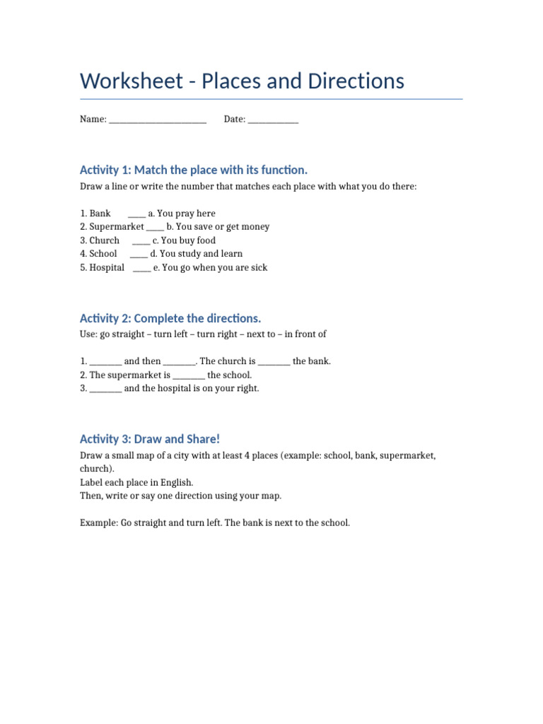 Places and Directions Worksheet | PDF
