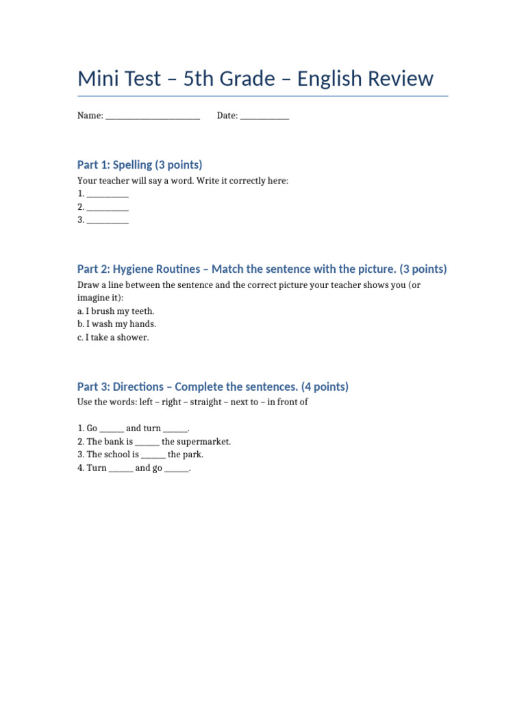Mini Test English 5th Grade | PDF