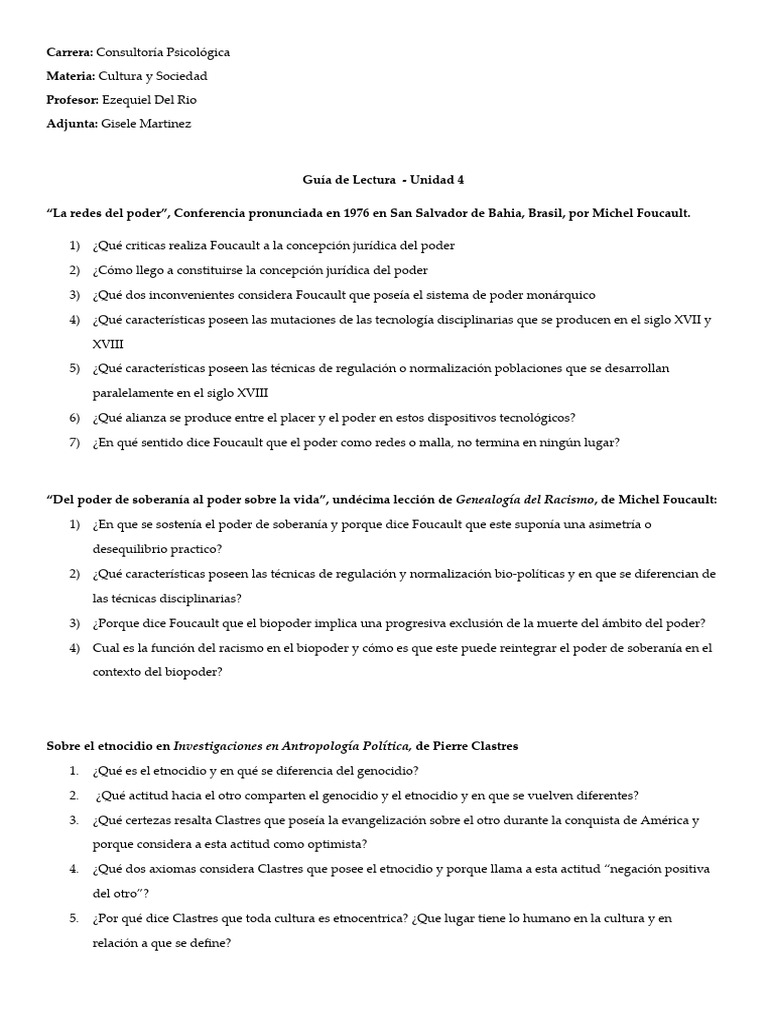 Guia de Lectura - Unidad 4 | PDF | Michel Foucault | Sociedad