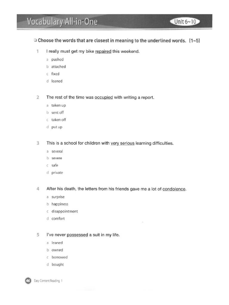 Review Vocab U6-U10 - Easy Content Reading 1 BW | PDF
