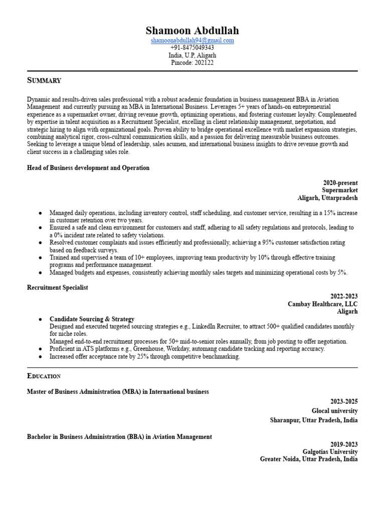 Resume@Shamoon Abdullah | PDF | Recruitment | Business
