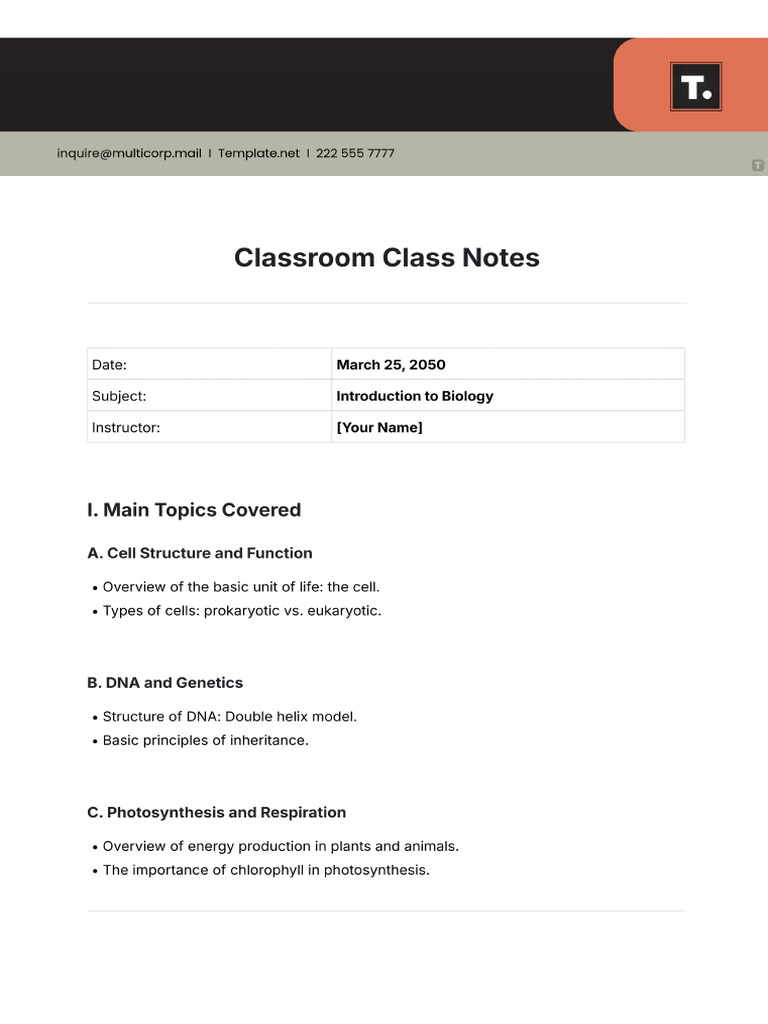 Classroom Class Notes Template | PDF