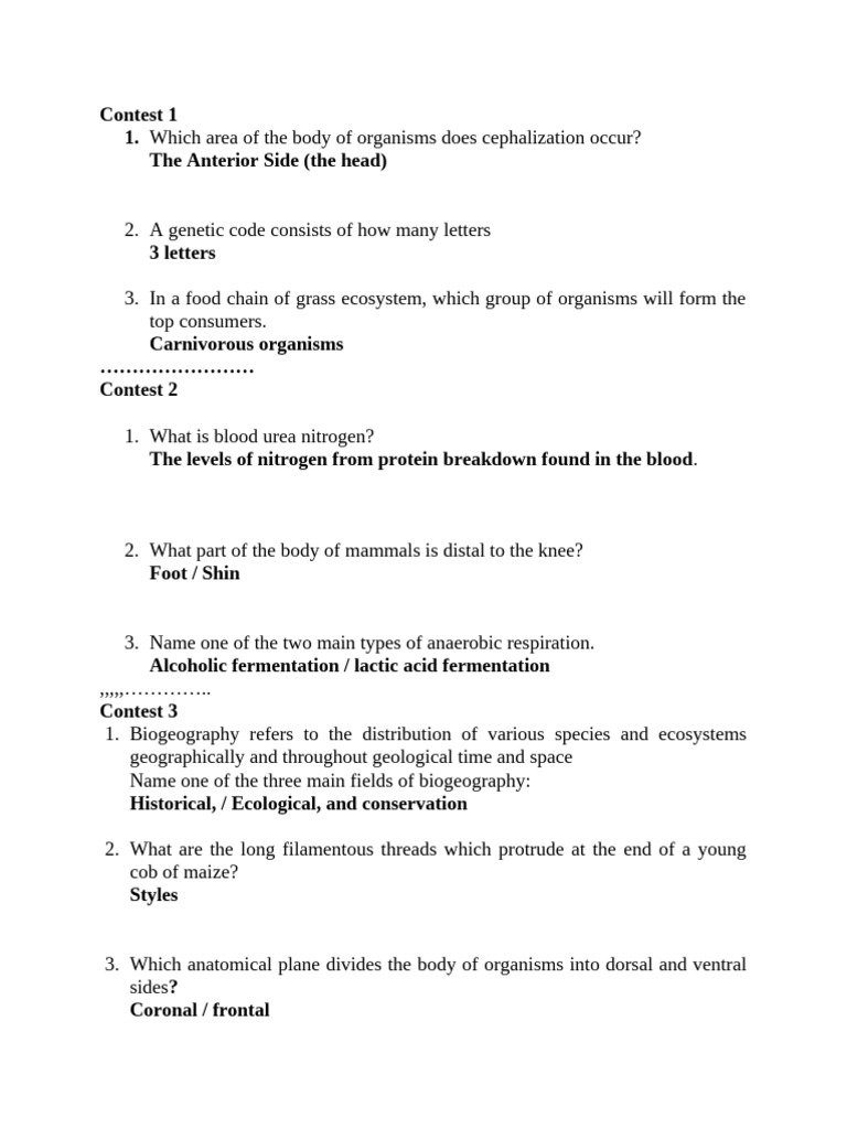 Biology Contest Questions and Answers | PDF | Ploidy | Cell (Biology)