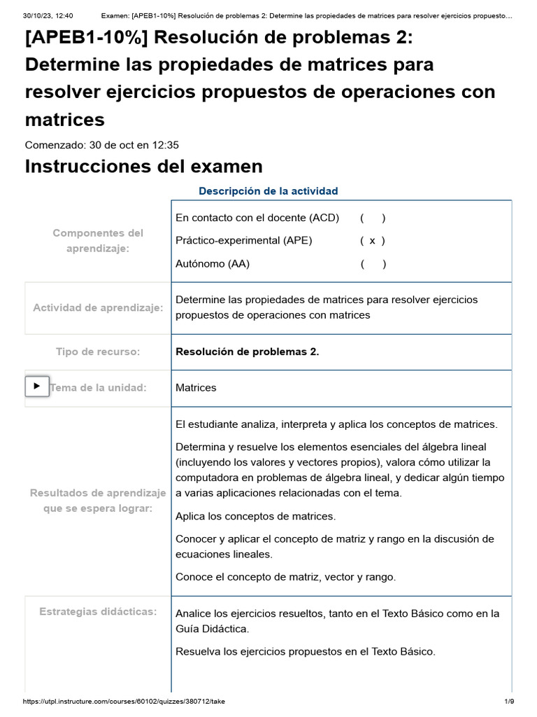 10 Examen - (APEB1-10%) Resolución de Problemas 2 - Determine Las Propiedades de Matrices para ...
