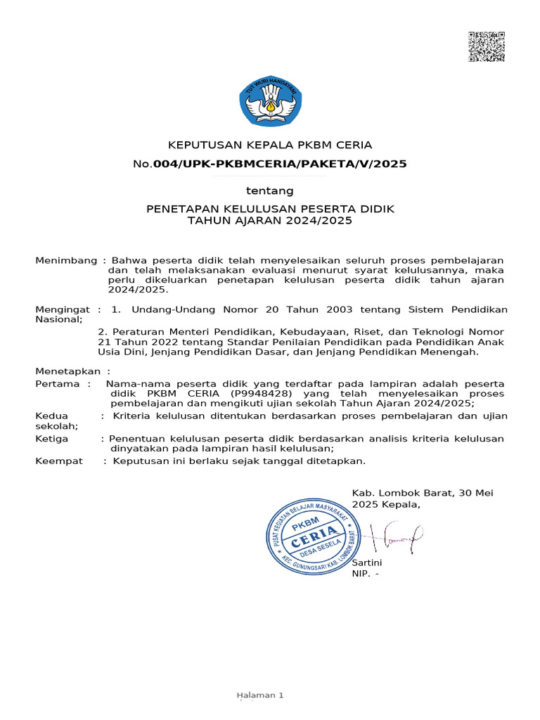 SK Kelulusan Paket A PKBM Ceria | PDF