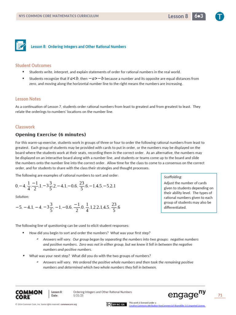 Math g6 m3 Topic B Lesson 8 Teacher | PDF | Rational Number | Numbers