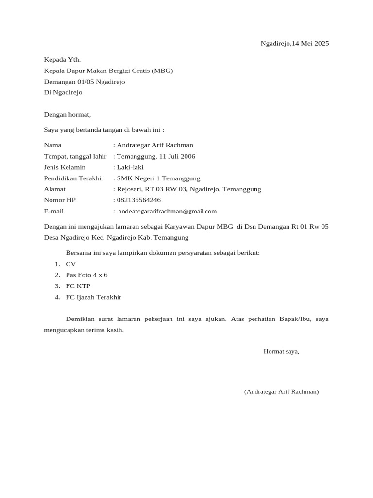Surat Lamaran MBG | PDF