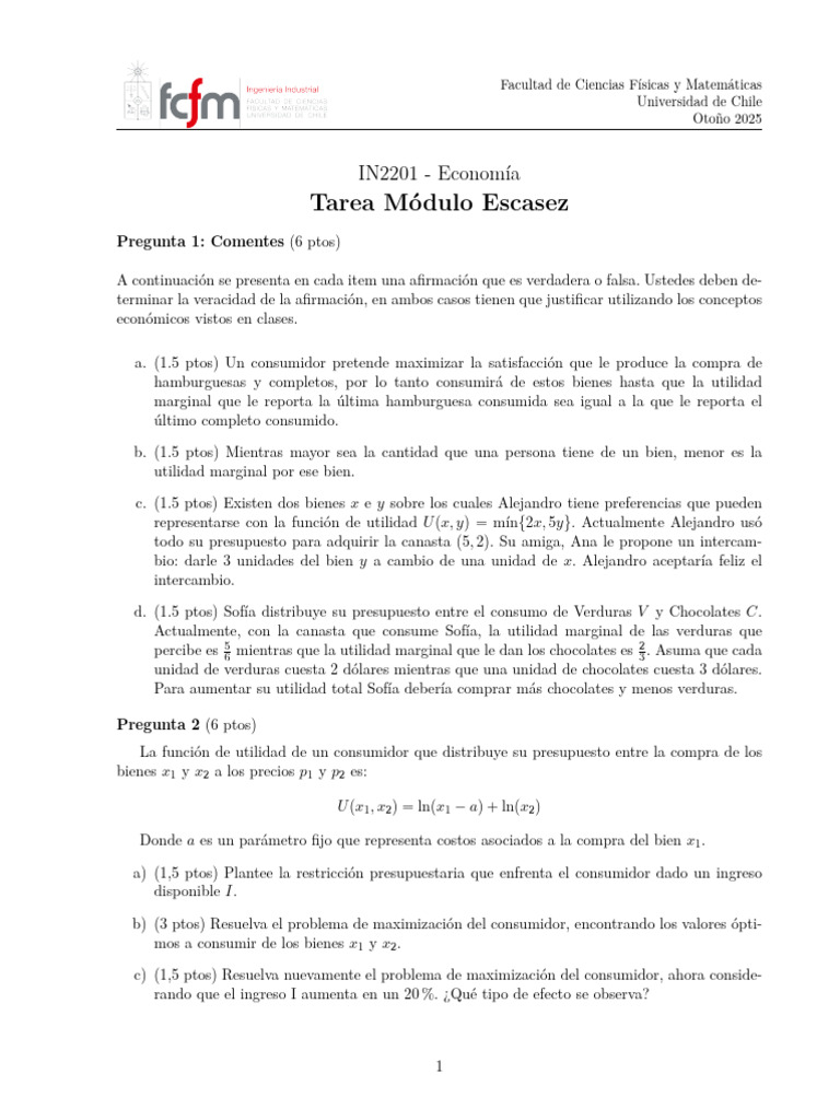 Tarea 1 Econo | PDF | Utilidad marginal | Utilidad