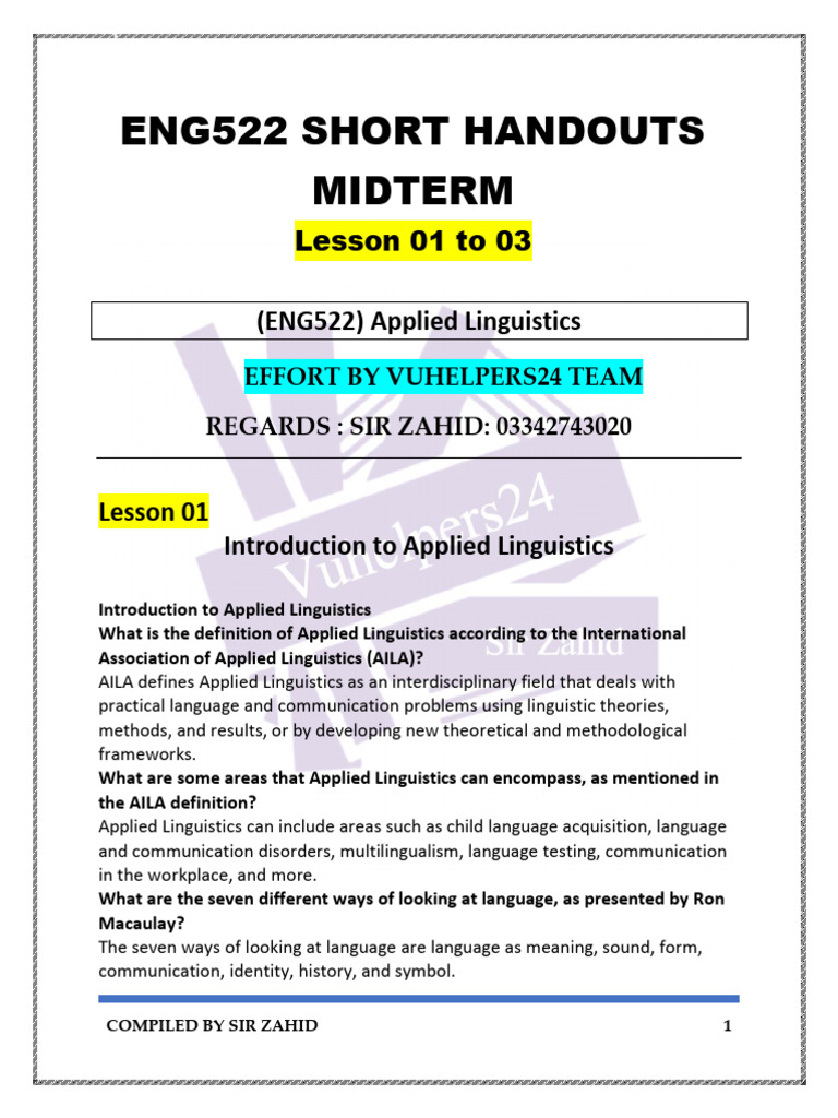 Eng522 Short Handouts Midterm Compiled by Sir Zahid-1 | PDF | Second Language Acquisition ...