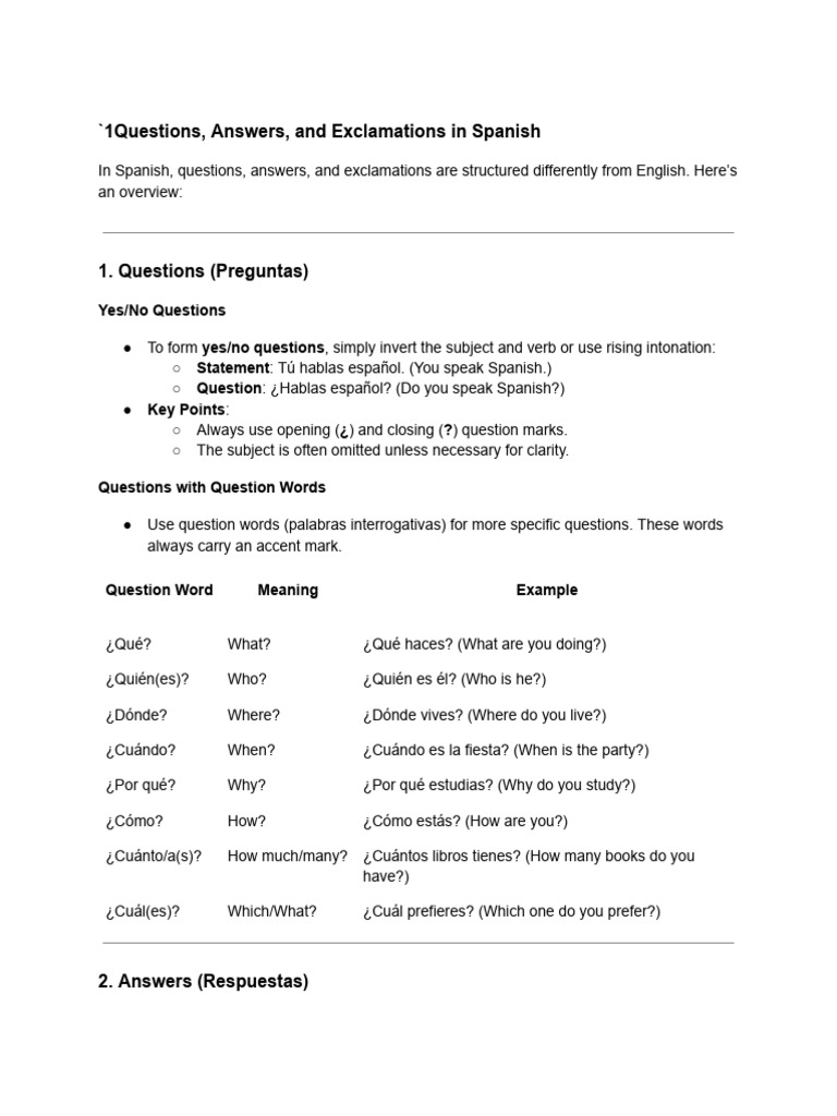 Questions, Answers, and Exclamations in Spanish | PDF | Linguistic ...