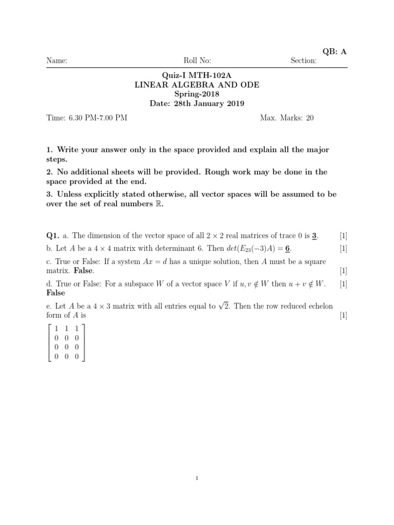 Quiz a Marking (1) | PDF | Matrix (Mathematics) | Linear Subspace