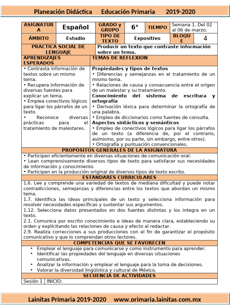 Marzo - 6to Grado Español (2019-2020) | PDF | Escritura | México
