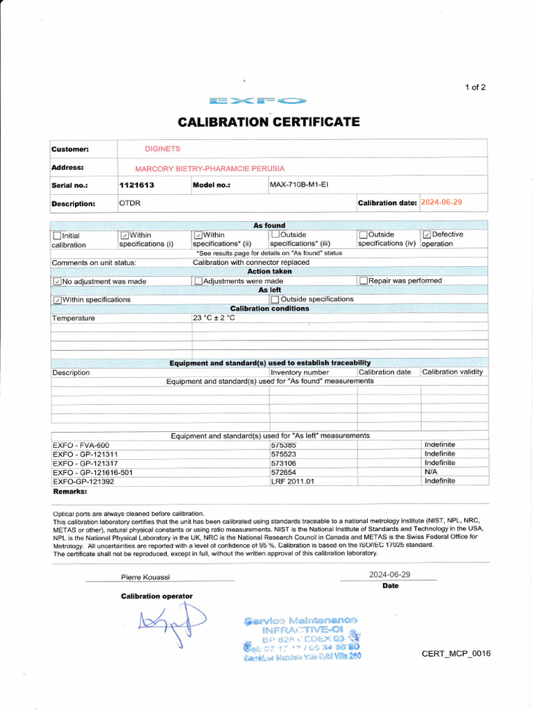 EXFO OTDR Calibration Certificate | PDF | Calibration | Quantity