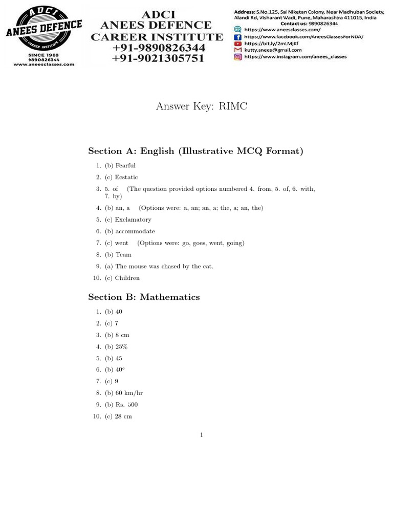 RIMC Answer Key | PDF