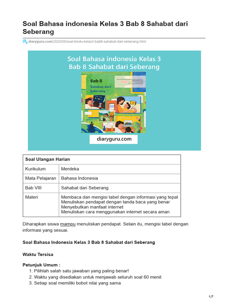 Soal Bahasa Indonesia Kelas 3 Bab 8 Sahabat Dari Seberang Pdf