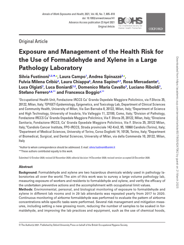 2021 Exposure and Management of the Health Risk for | PDF ...