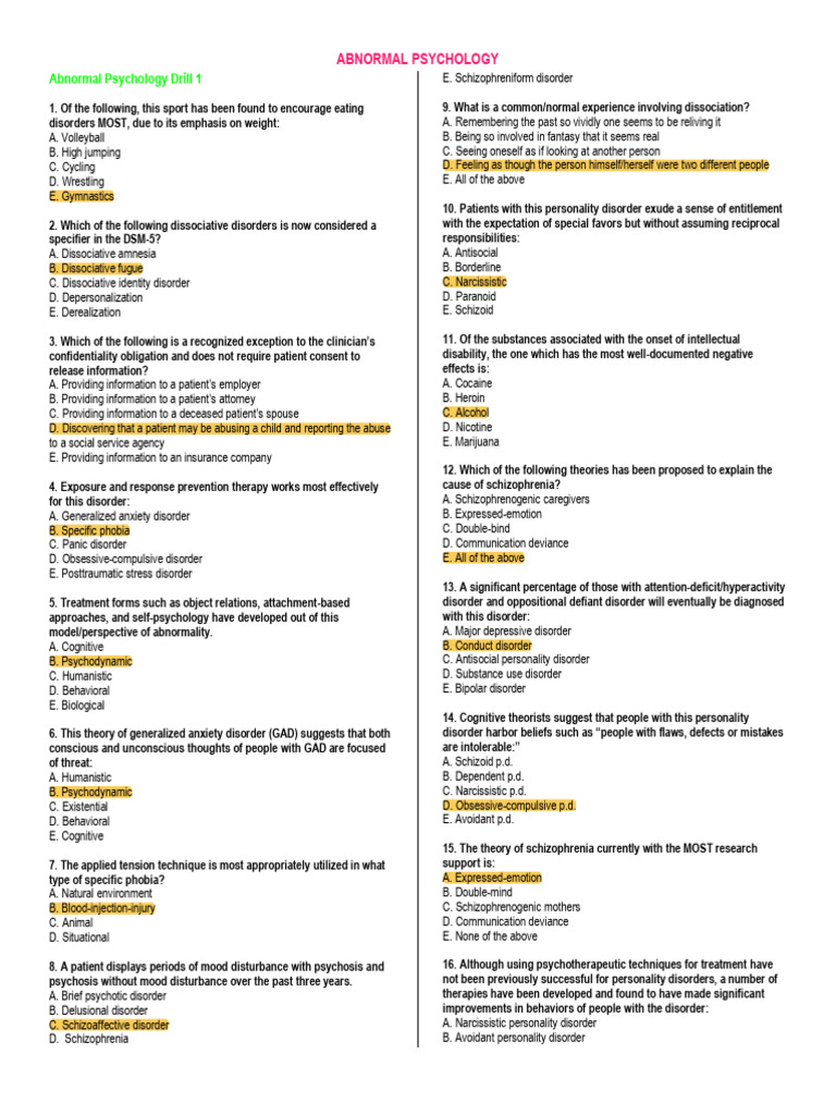 Abnormal Psychology Quiz Questions | PDF | Mental Disorder ...