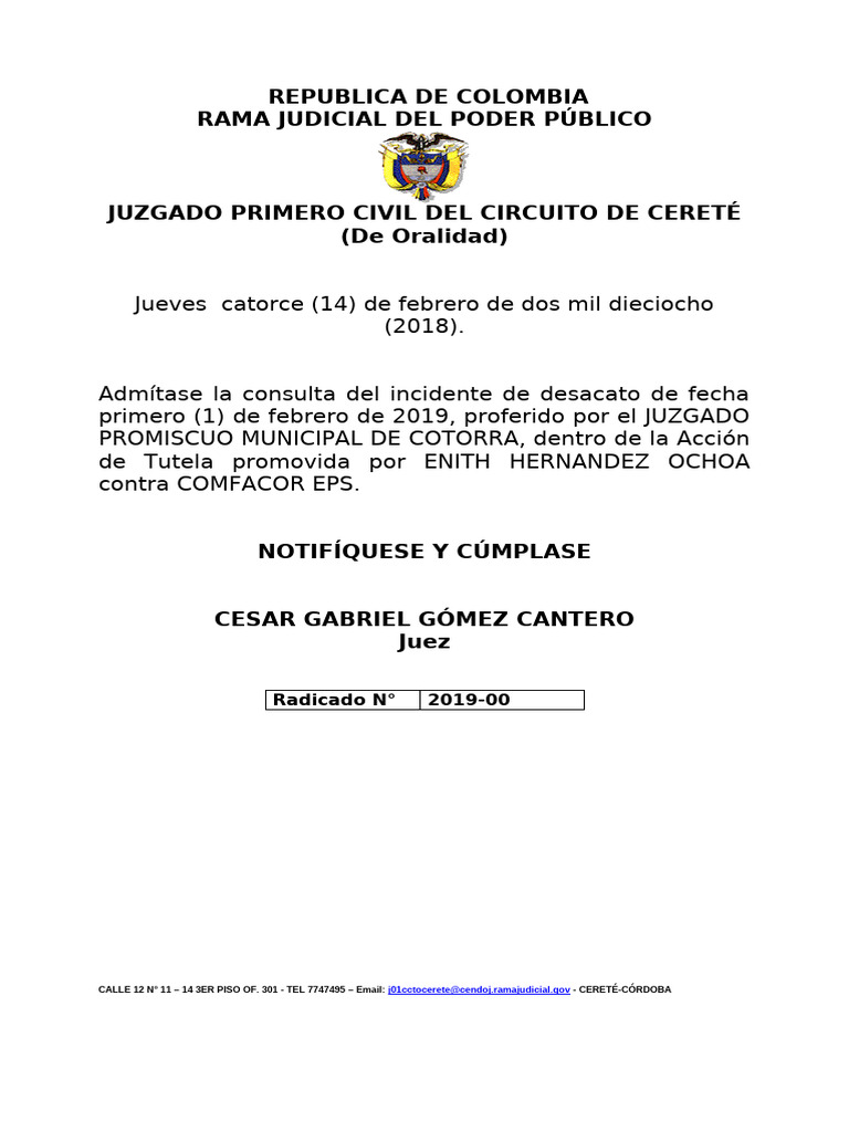 Admisión de Consulta de Incidente de Desacato de Enith Hernandez Ochoa ...