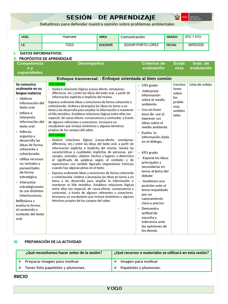 26 DE MAYO-COM-Debatimos para Defender Nuestra Opinión Sobre Problemas Ambientales - V CICLO ...