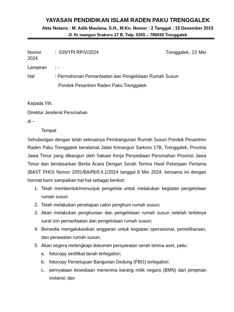 Format Surat Permohonan Pemanfaatan RUSUN Raden Paku Trenggalek | PDF