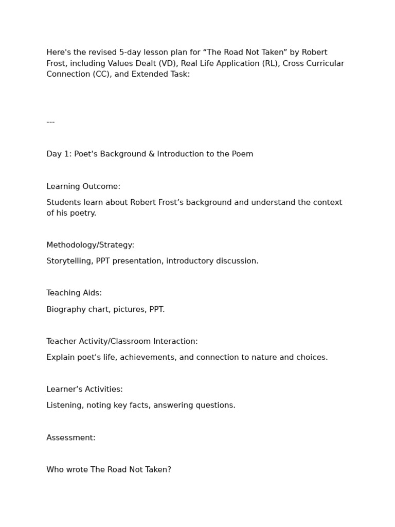 Lesson Plan for "The Road Not Taken" | PDF | Poetry | Lesson Plan