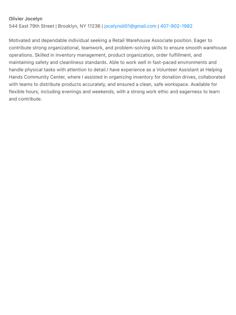 Retail Warehouse Associate Resume | PDF