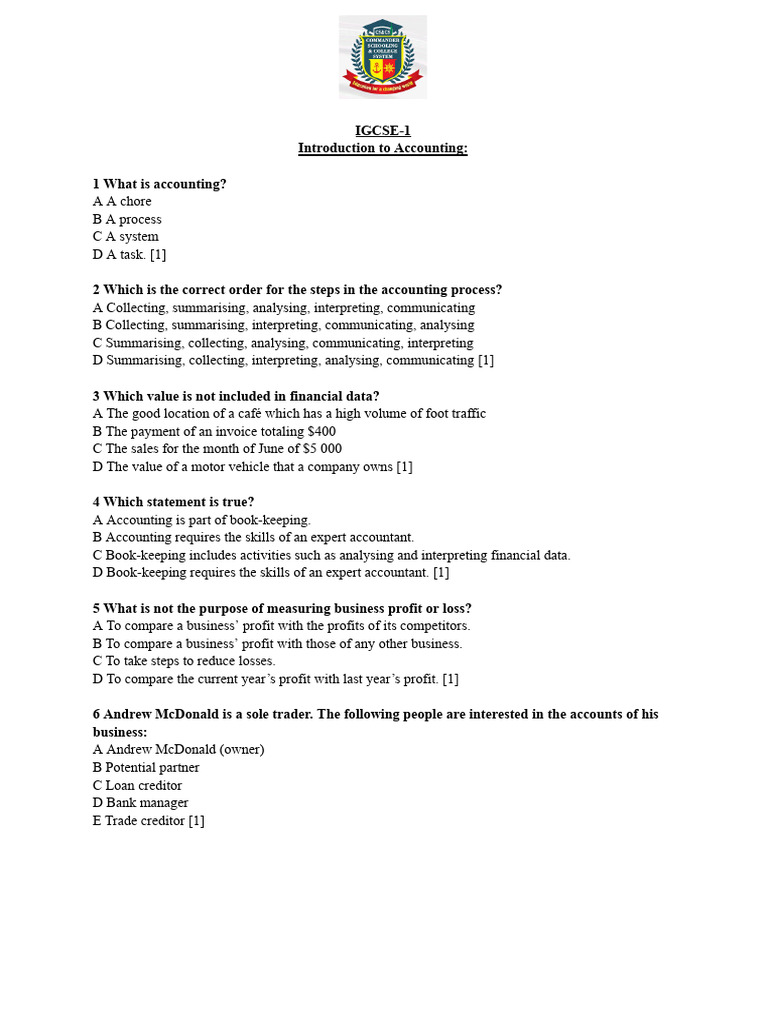 Worksheet 1 Introduction To Accounting | PDF