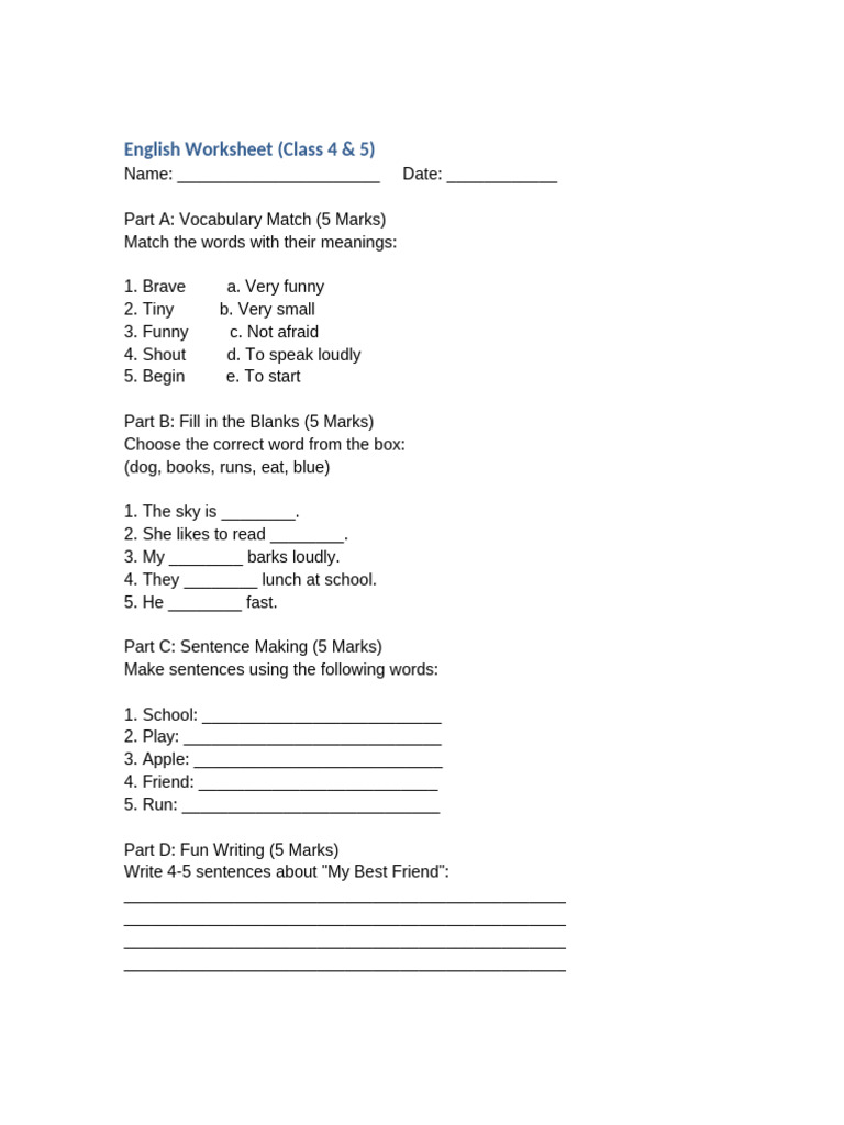 English Worksheet Merged Classes | PDF