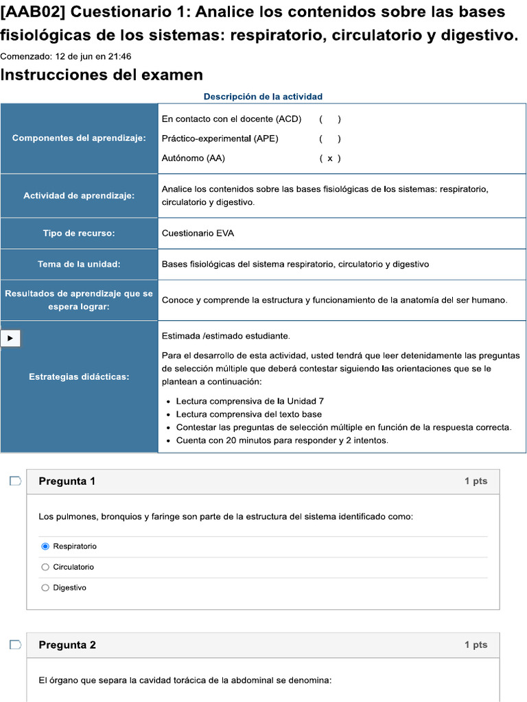 Examen - (AAB02) Cuestionario 1 - Analice... Espiratorio, Circulatorio y Digestivo | PDF