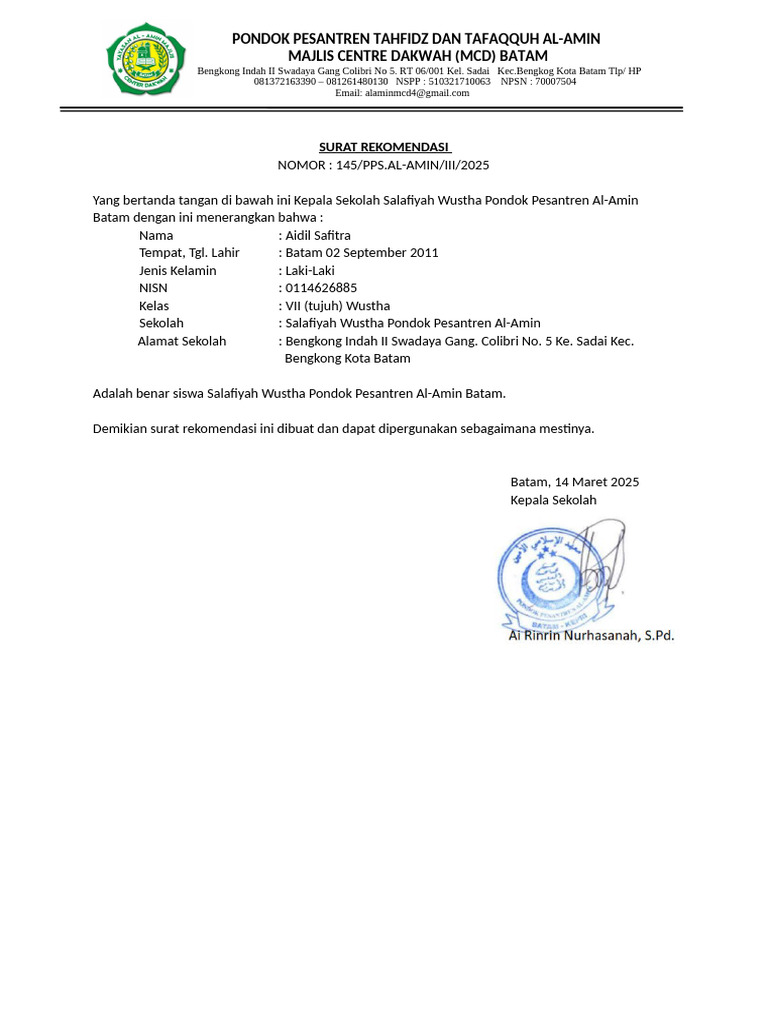 Surat Keterangan Santri Aidil Safitra | PDF