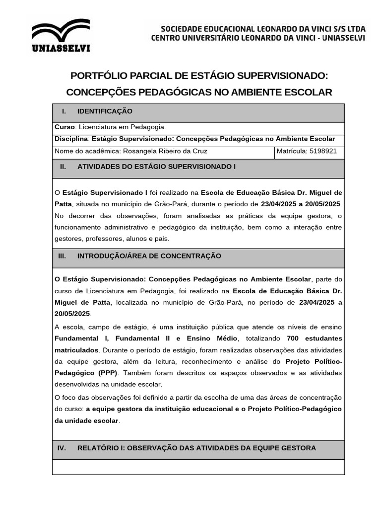 Portfólio de Estágio em Concepções Pedagógicas | PDF | Pedagogia | Escolas