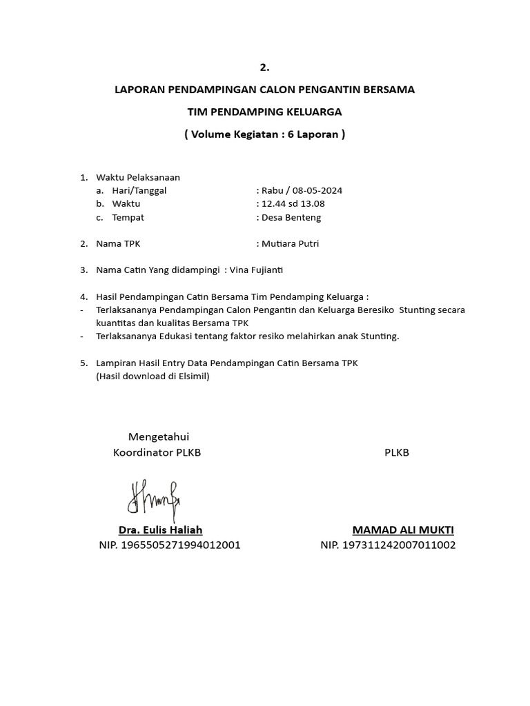 1.2 Laporan Pendampingan Calon Pengantin Bersama TPK | PDF