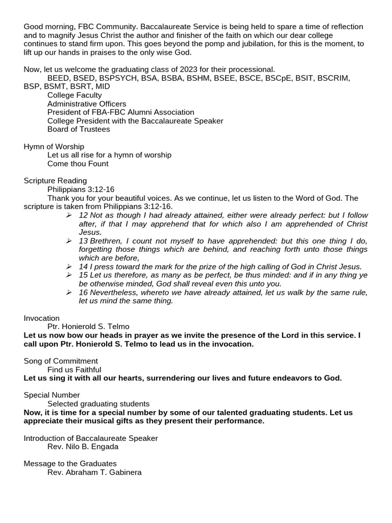 Baccalaureate and Commencement Script | PDF