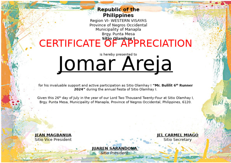 Certificate of Appreciation for Jomar Areja | PDF