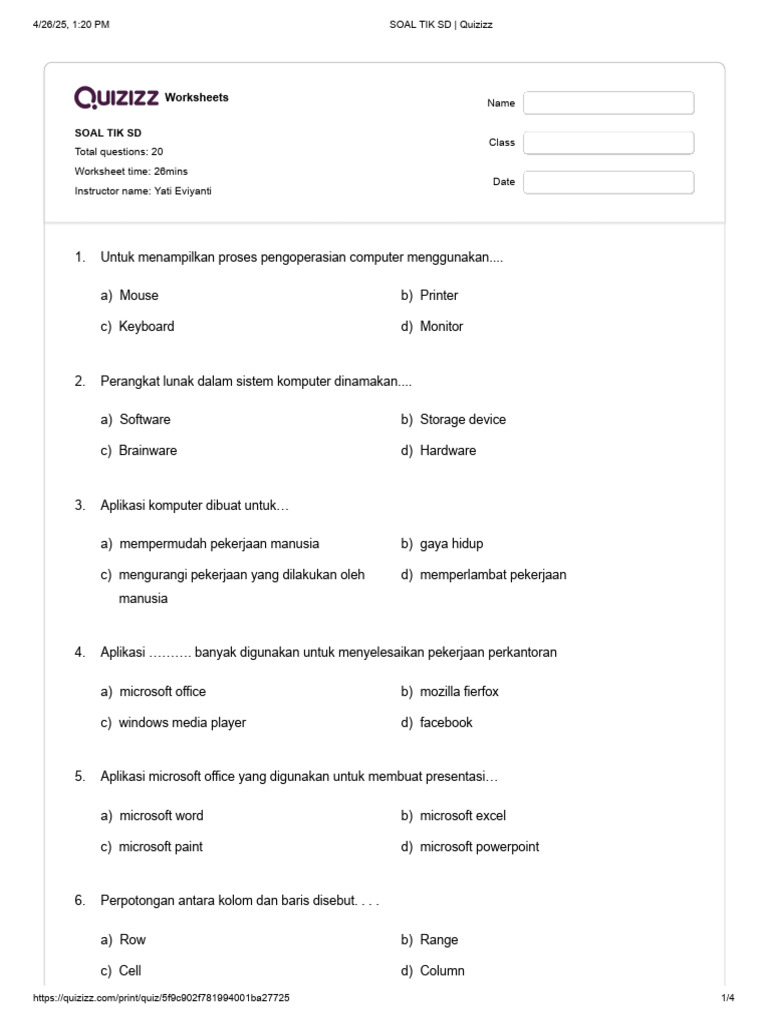 Soal Tik SD - Quizizz | PDF