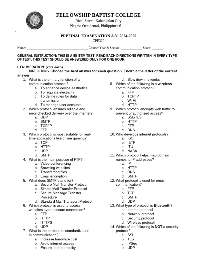 CPE322 Prefinal Exam: Communication Protocols | PDF | Error Detection ...