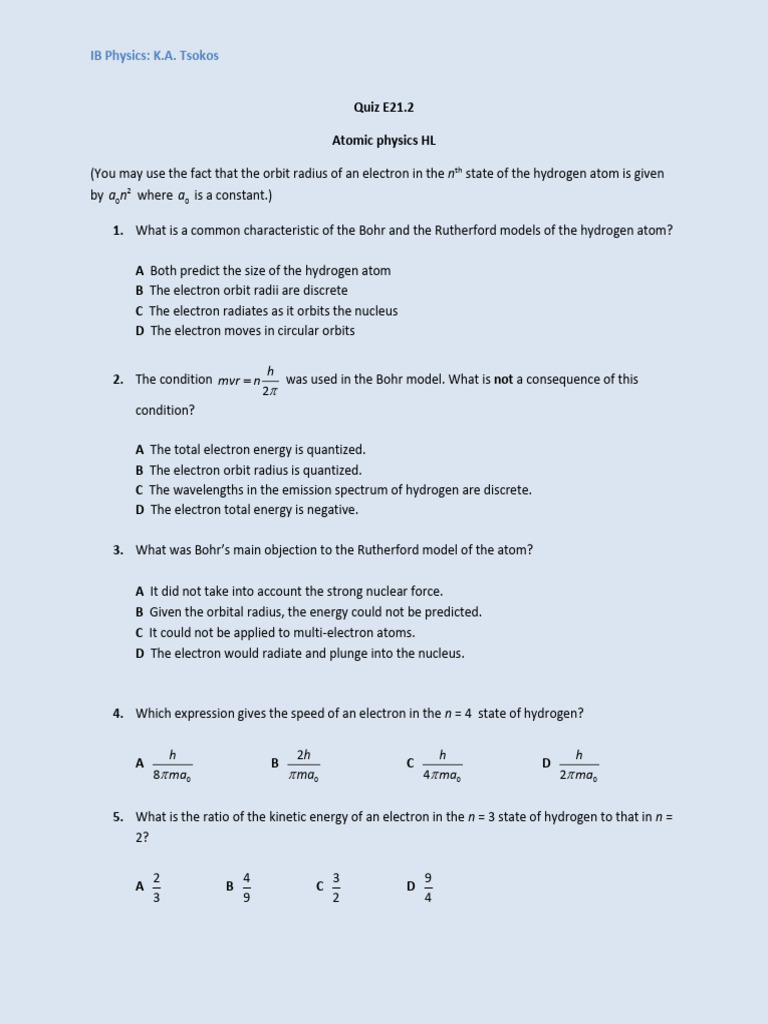 IB Physics Quiz: Atomic Models & Energy | PDF | Electron | Atoms