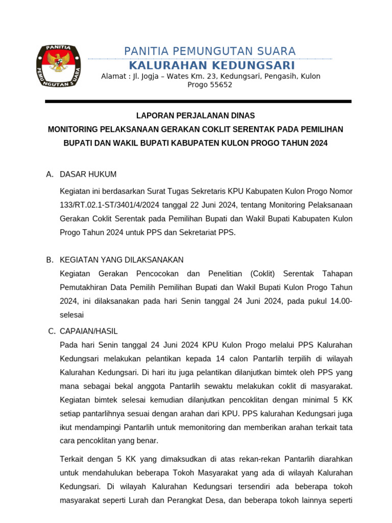 Perjalanan Dinas Coklit Serentak PPS | PDF