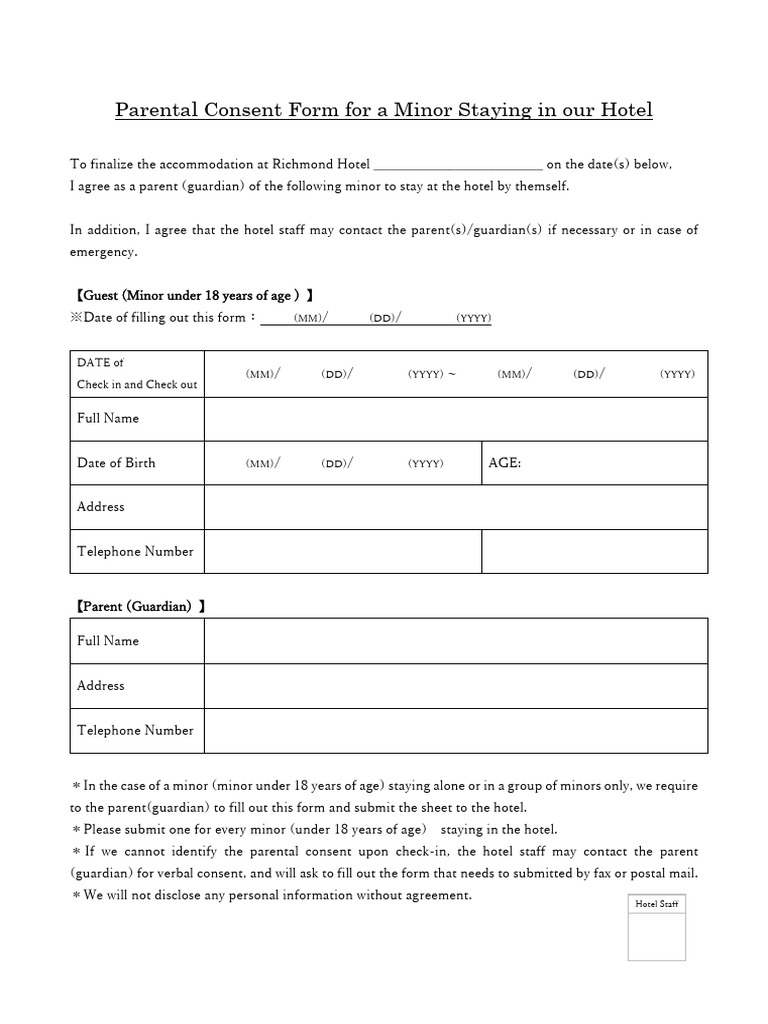Parental Consent Form For A Minor Staying in Our Hotel: Date of Check ...