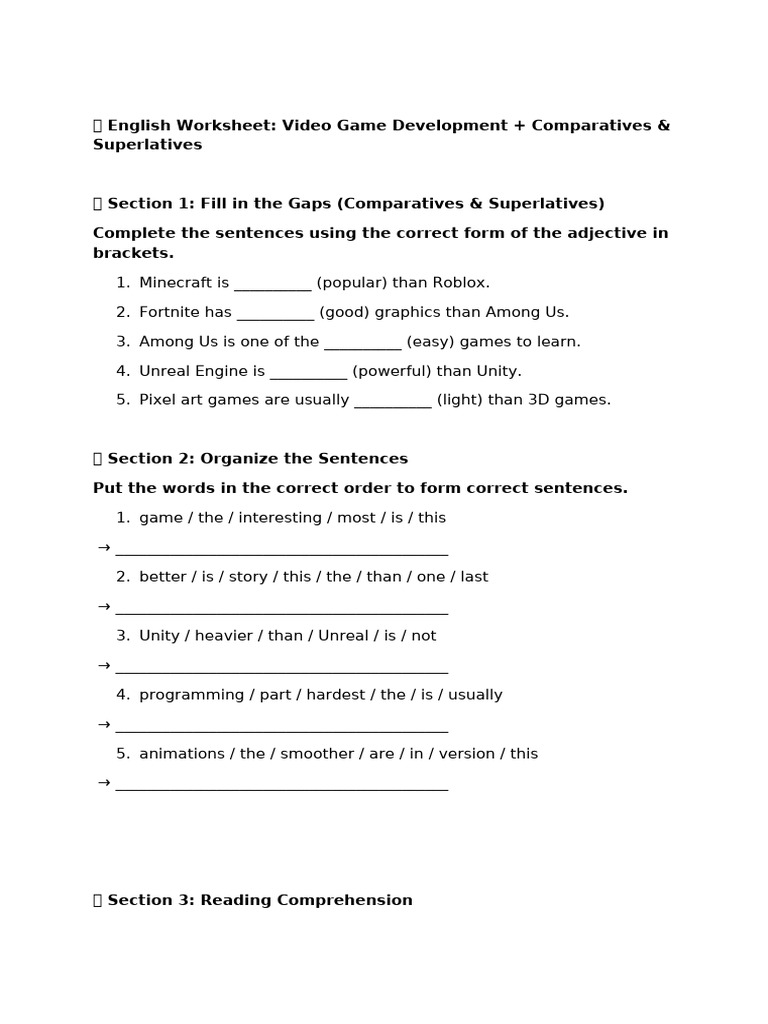 ? English Worksheet Video Game Development | PDF
