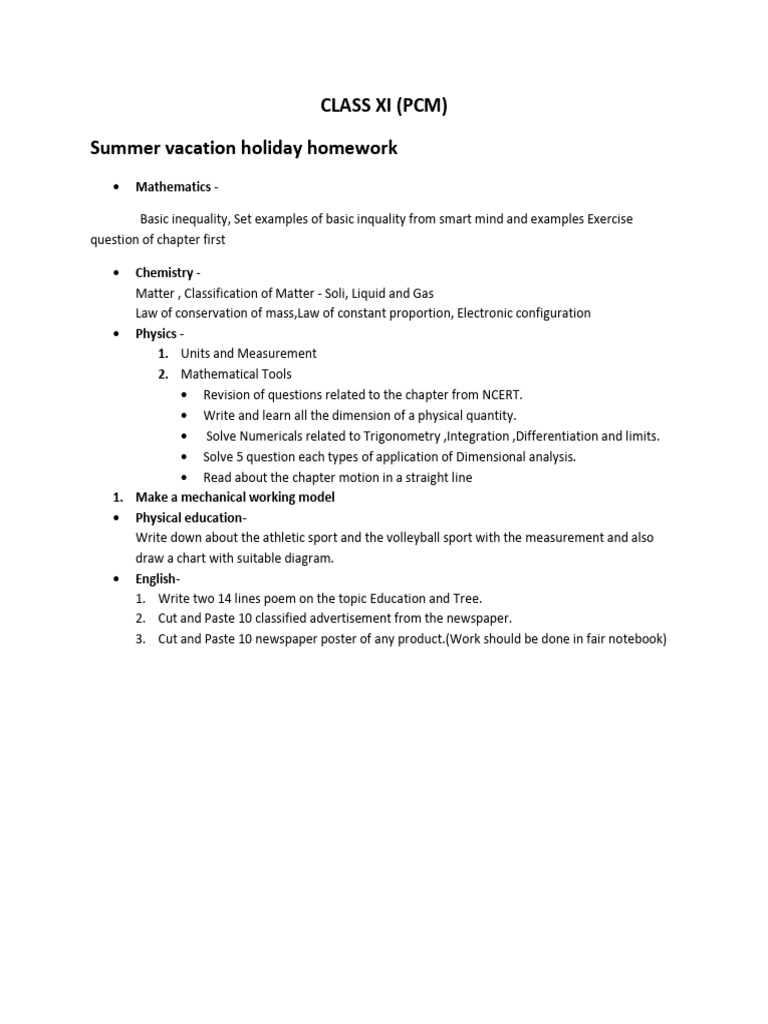 Xi PCM Holiday Homework | PDF