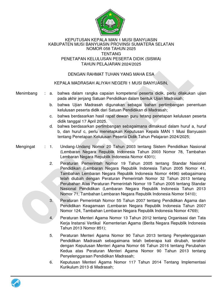 Sk Penetapan Kelulusan 2025 | PDF